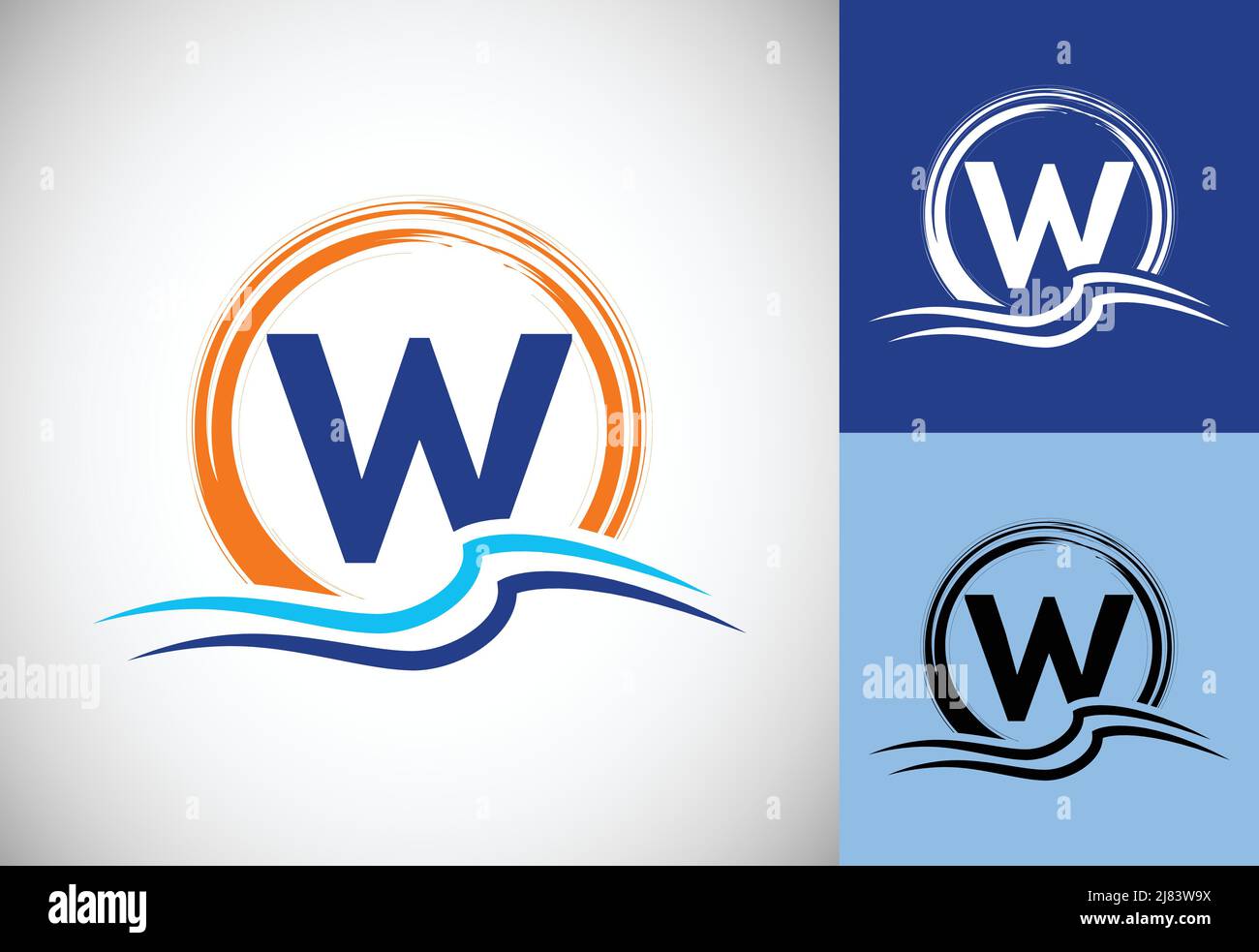 Initial W monogram letter with water ocean waves and the sun. Beach ...