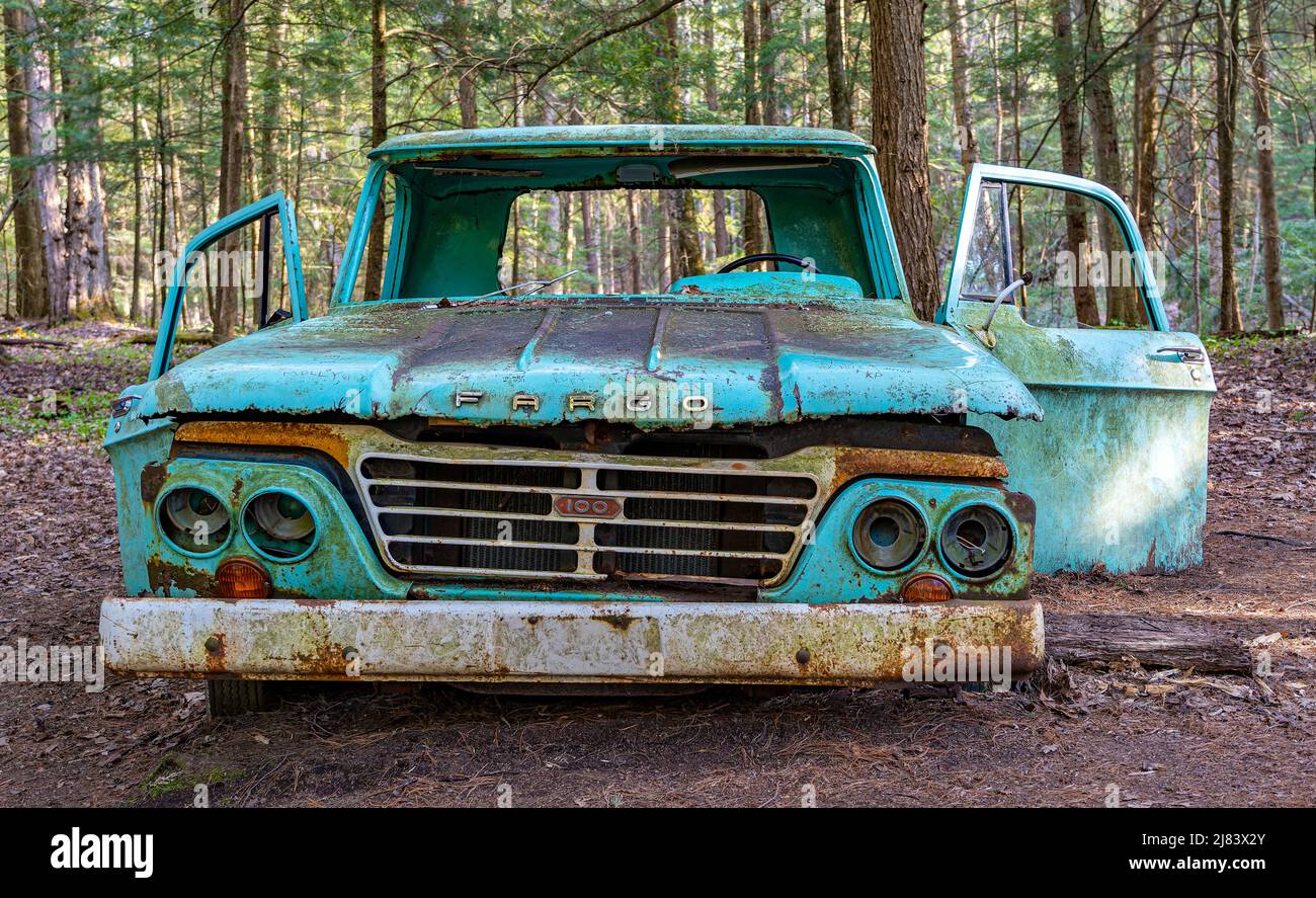 Old abandoned rusting vehicle rots away in a beautiful woodland Stock ...
