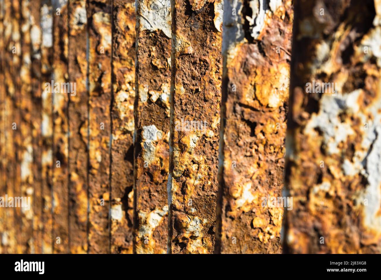 Rusty bridge railing texture background with cracked white paint Stock ...
