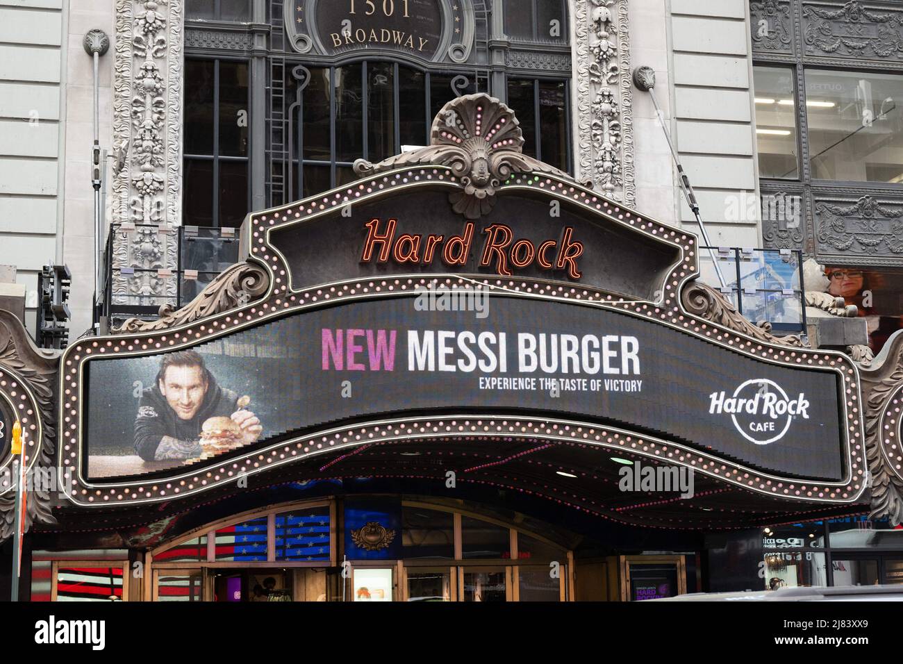 A shop sign of HARD ROCK CAFE (MESSI BURGER), on May 07, 2022 in New ...