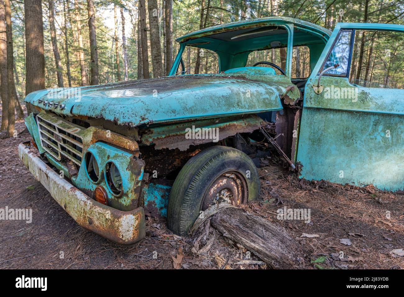 Old abandoned rusting vehicle rots away in a beautiful woodland Stock ...