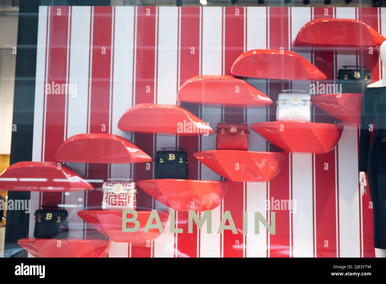A shop sign of BALMAIN, on May 07, 2022 in New-York City, USA. Photo by ...