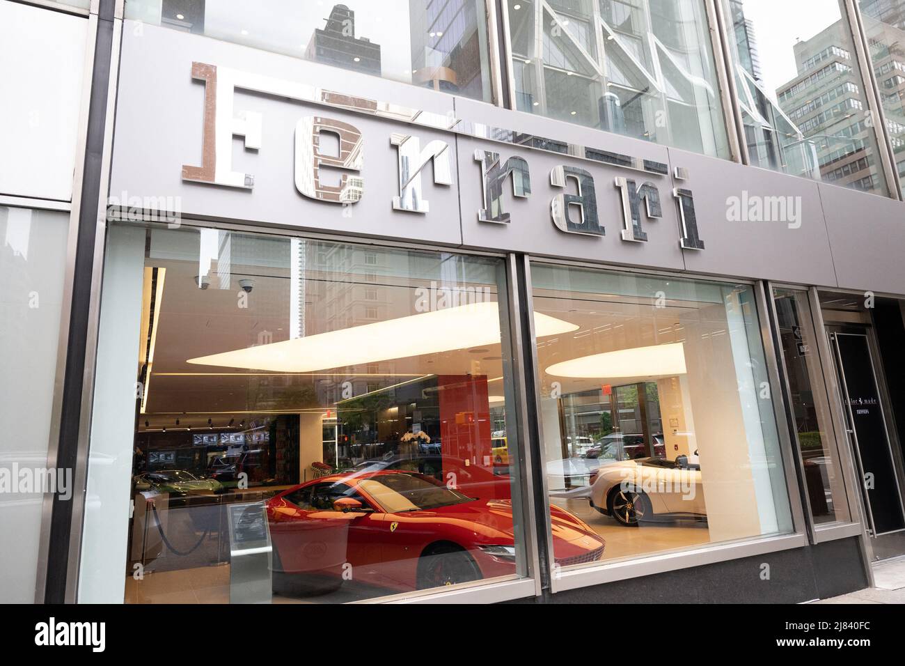 A shop sign of FERRARI Store, on May 07, 2022 in New-York City, USA ...