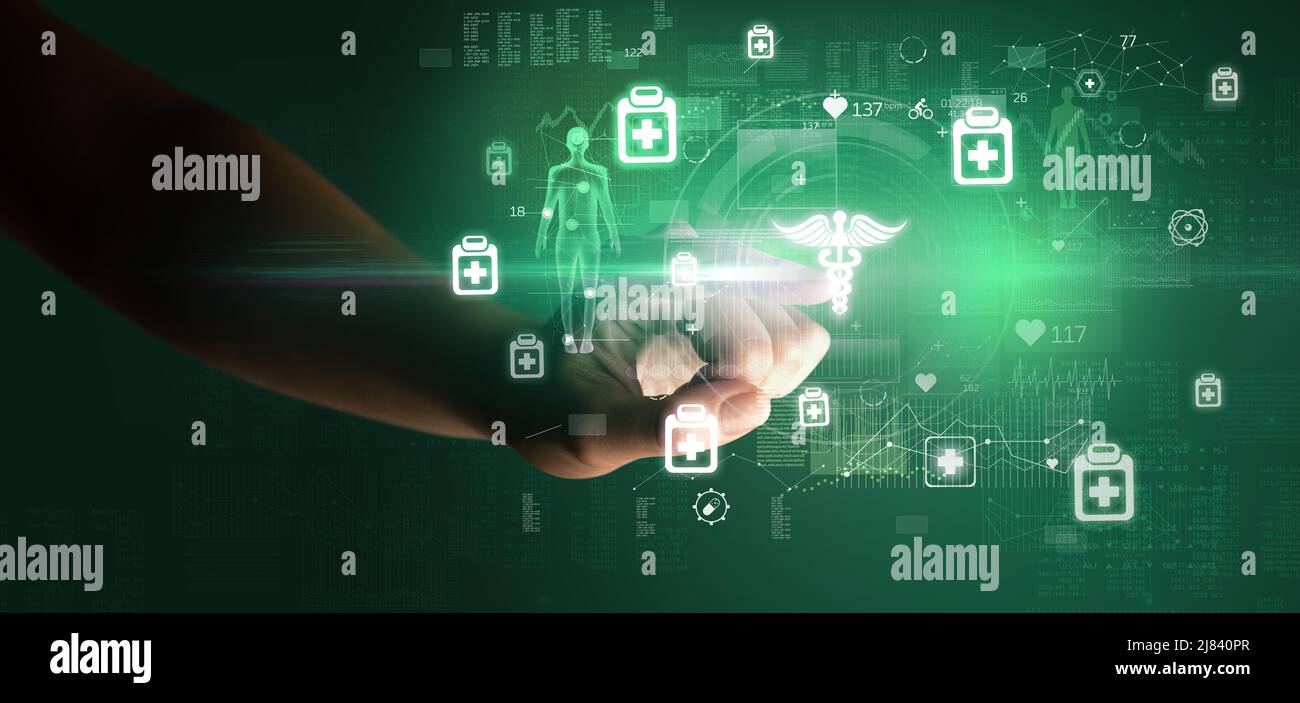 Doctor hand pressing futuristic health device with medical symbol on ...