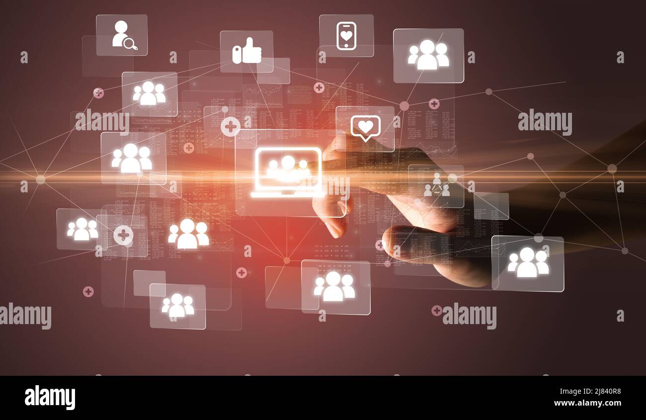 Hand pressing social media multimedia application screen with media ...