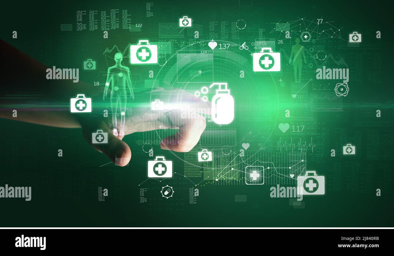 Doctor hand pressing futuristic health device with medical symbol on ...