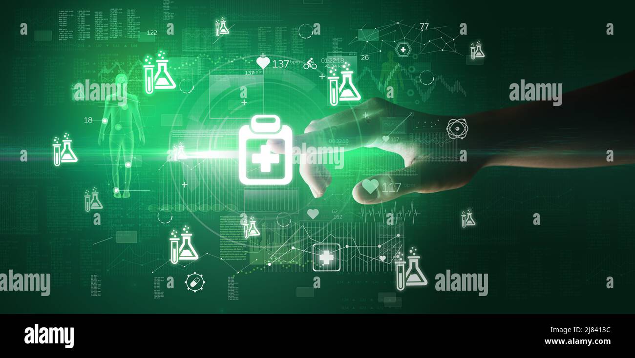 Doctor hand pressing futuristic health device with medical symbol on screen Stock Photo - Alamy