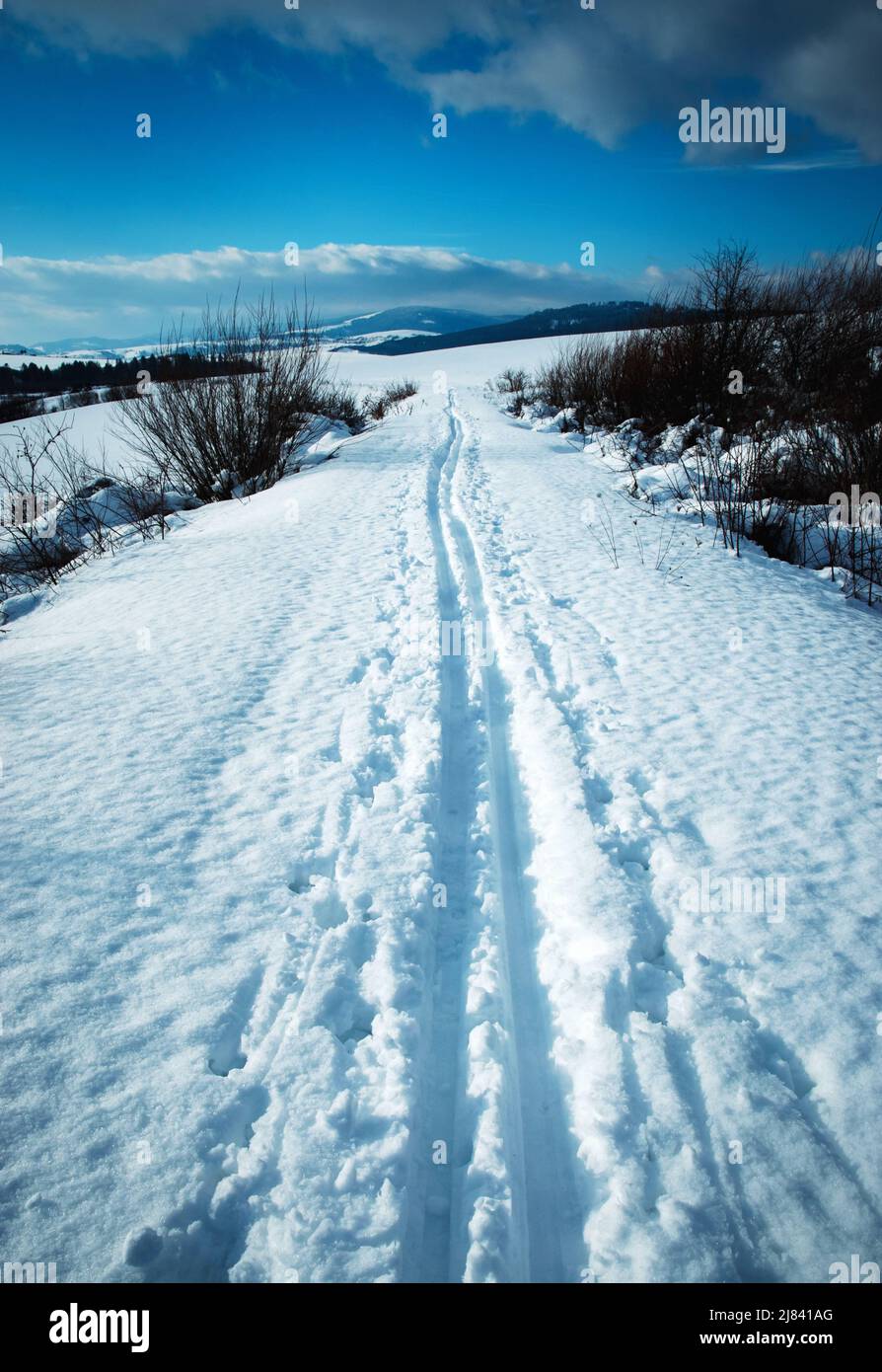 landscape snowy winter landscape with cross country ski path Stock ...