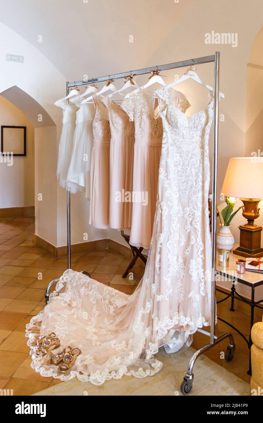 Wedding and bridesmaids dresses hanging on a metal hanger Stock Photo ...
