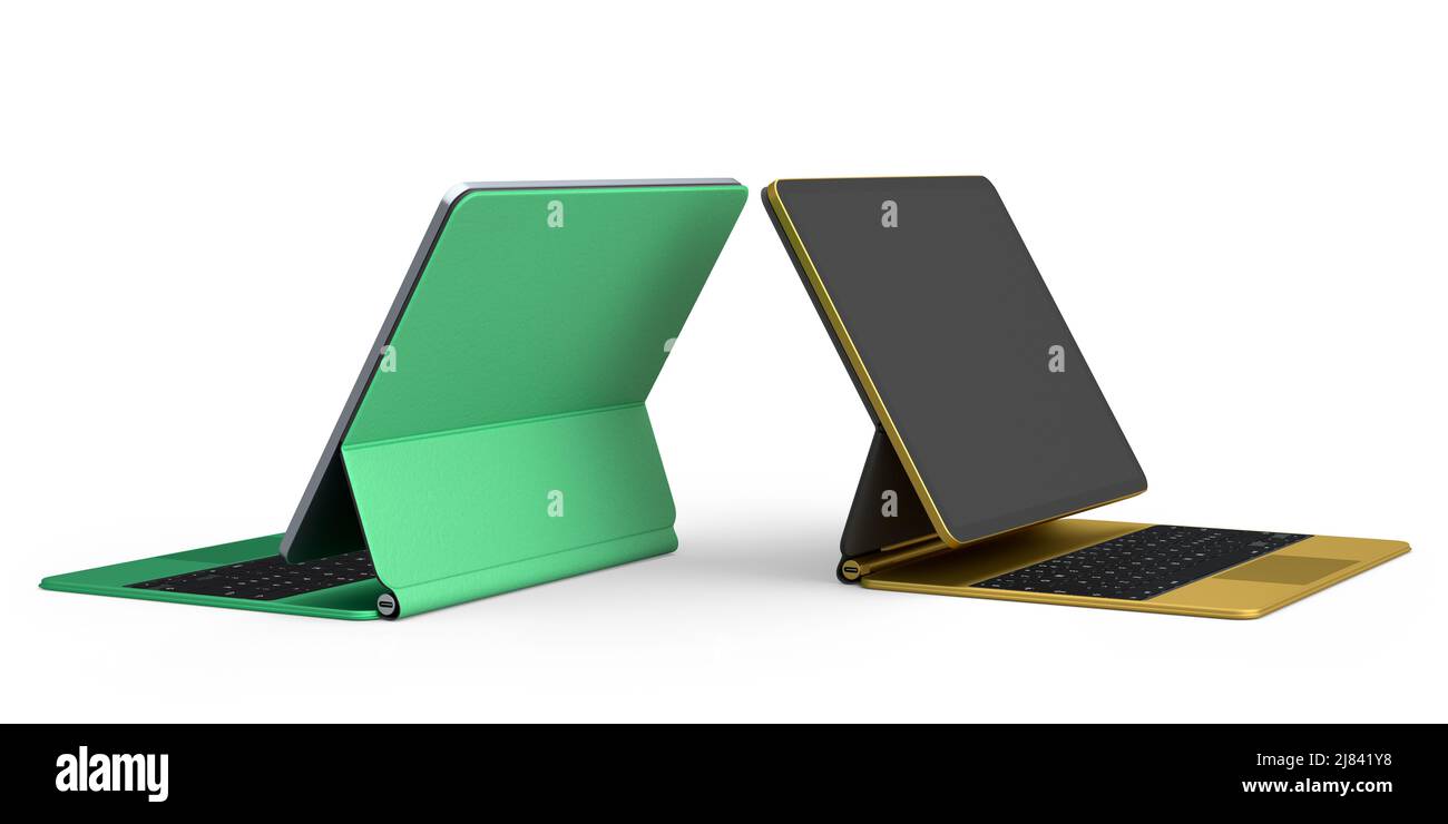 Set of computer tablets with keyboard and blank screen isolated on ...