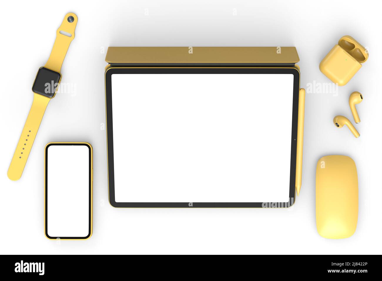 Top view of computer tablet with mouse, smart watch, phone and ...