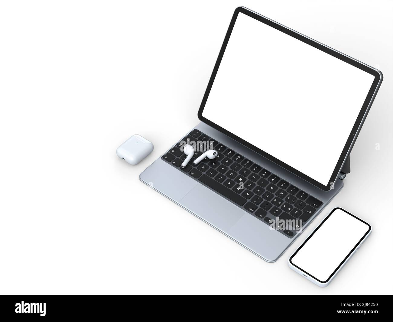 Aluminum laptop with mobile phone headphones on white background. 3D ...