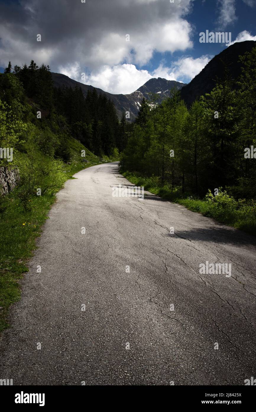 landscape seasonal background a gray path to the high mountains Stock ...