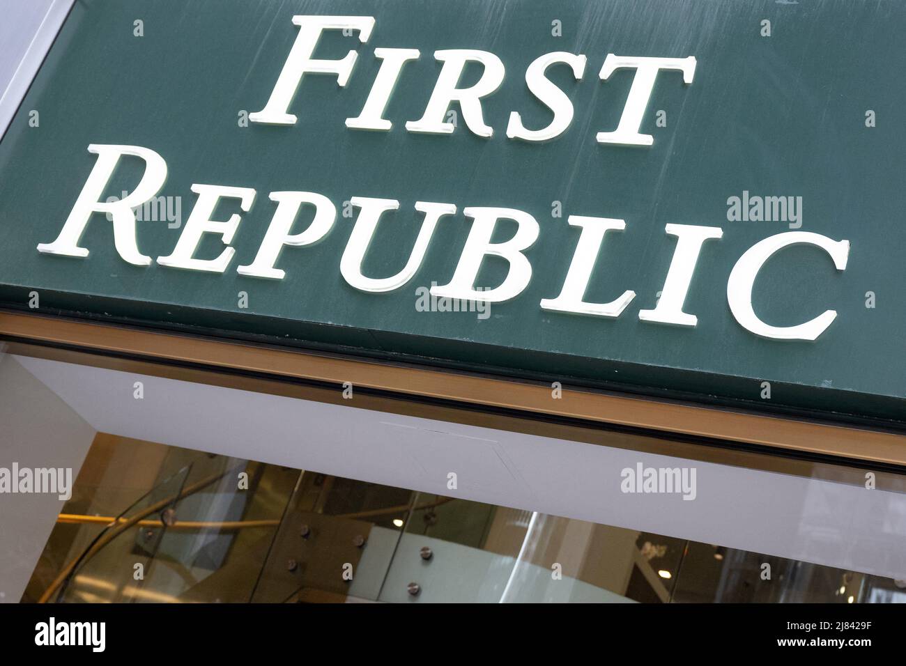 A shop sign of First Republic Bank, on May 07, 2022 in New-York City ...