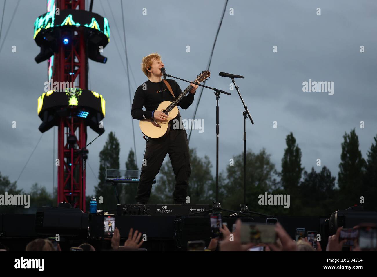 EDITORIAL USE ONLY Ed Sheeran performing on stage at Boucher Road ...