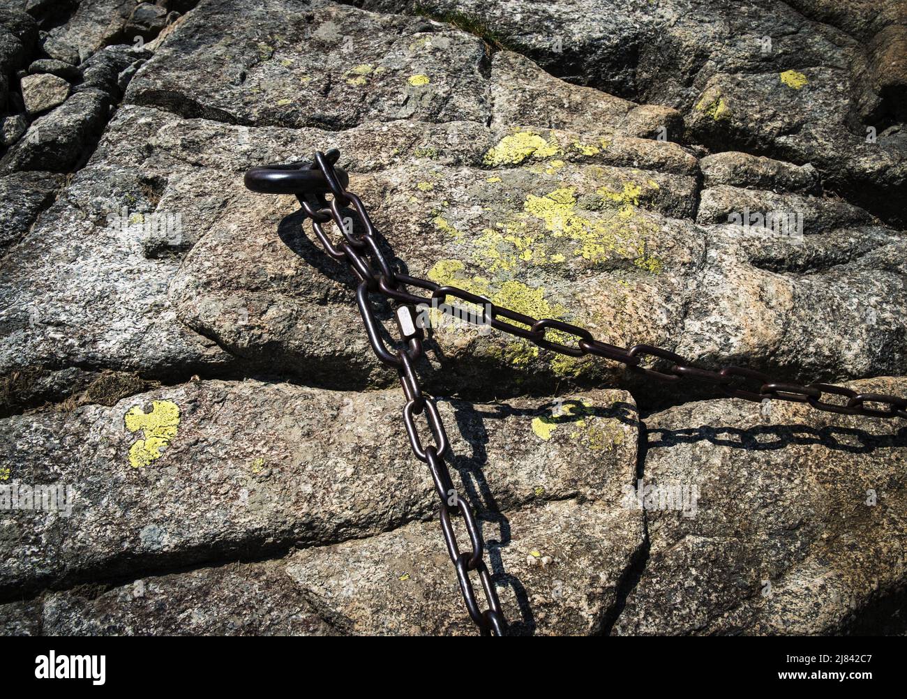background or texture a rusty iron chain on a granite rock Stock Photo ...