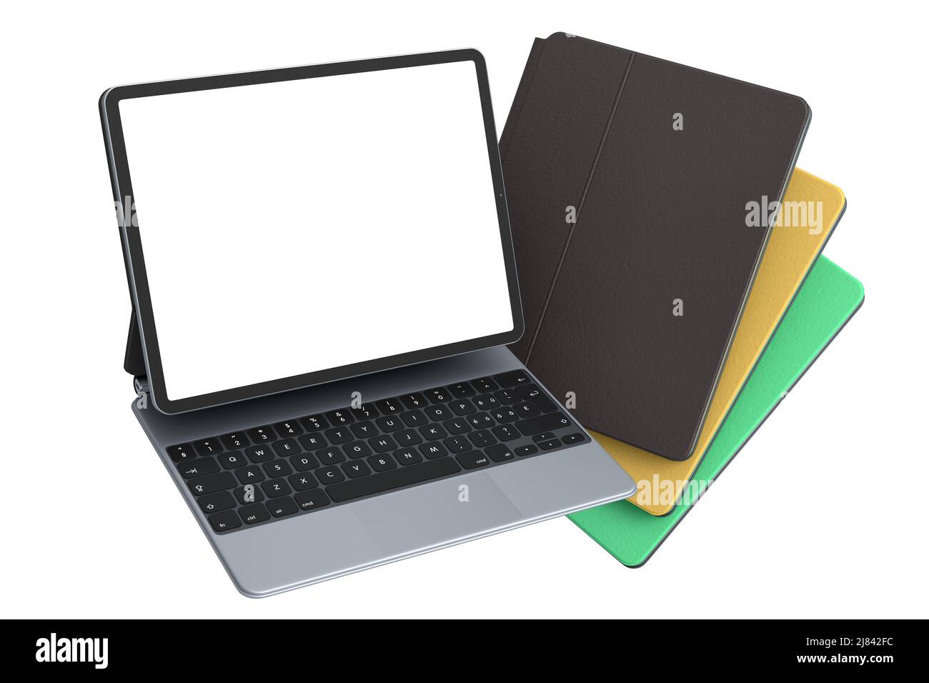Set of computer tablets with keyboard and blank screen isolated on ...