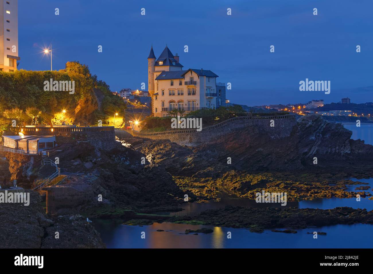 Landscape of a beach in the city of Biarritz at low tide with the ...