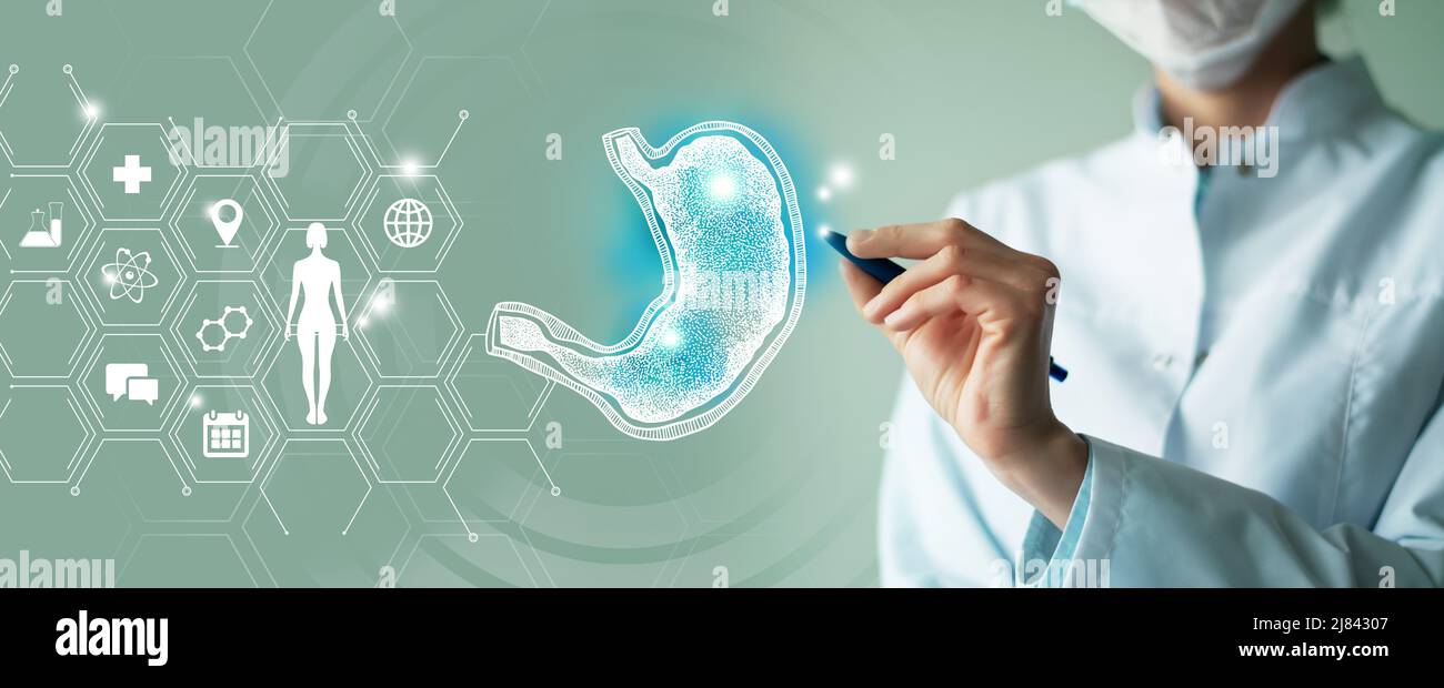 Telemedicine and human Stomach recovery concept. Turquoise color ...