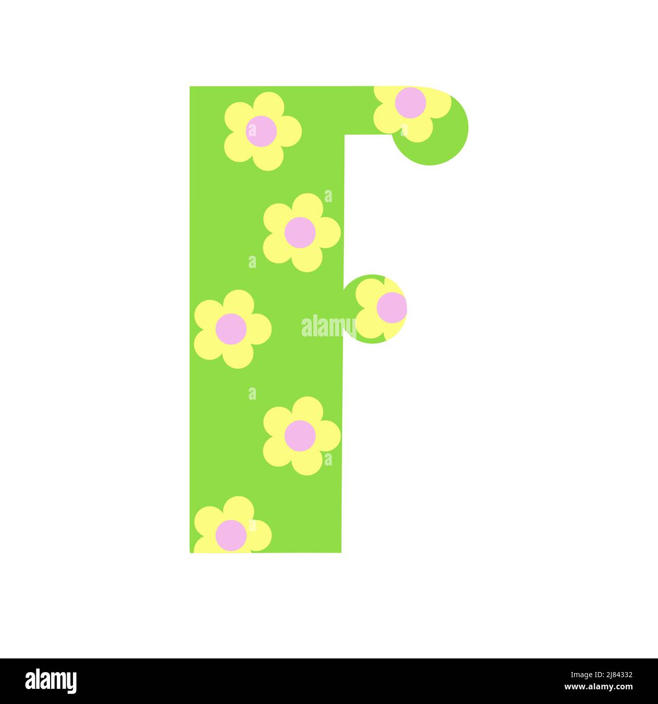 Capital bright green decorated with spring flowers hand drawn letter F ...
