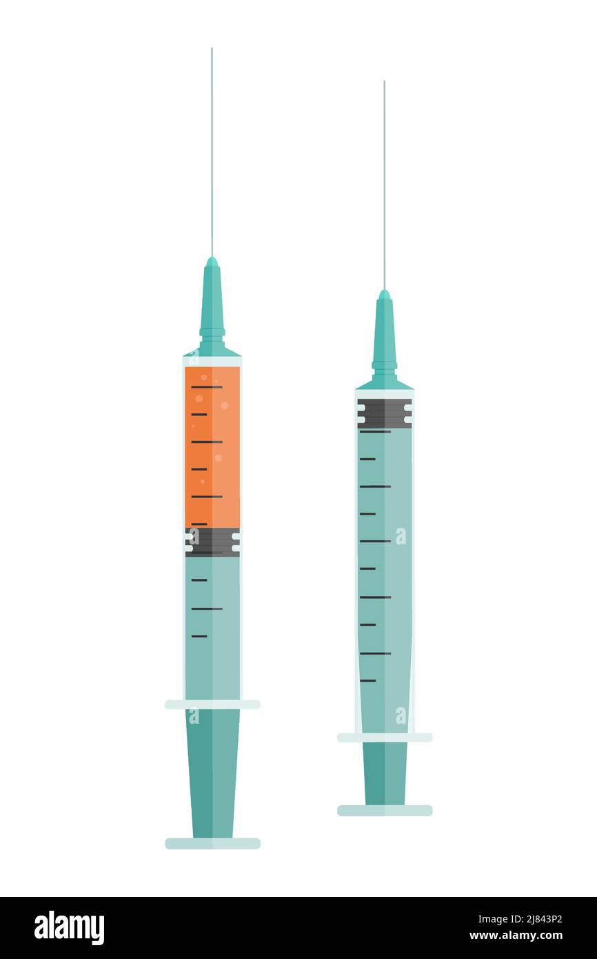 For vaccine, injection, medical use, Full and empty Syringe. Isolated ...