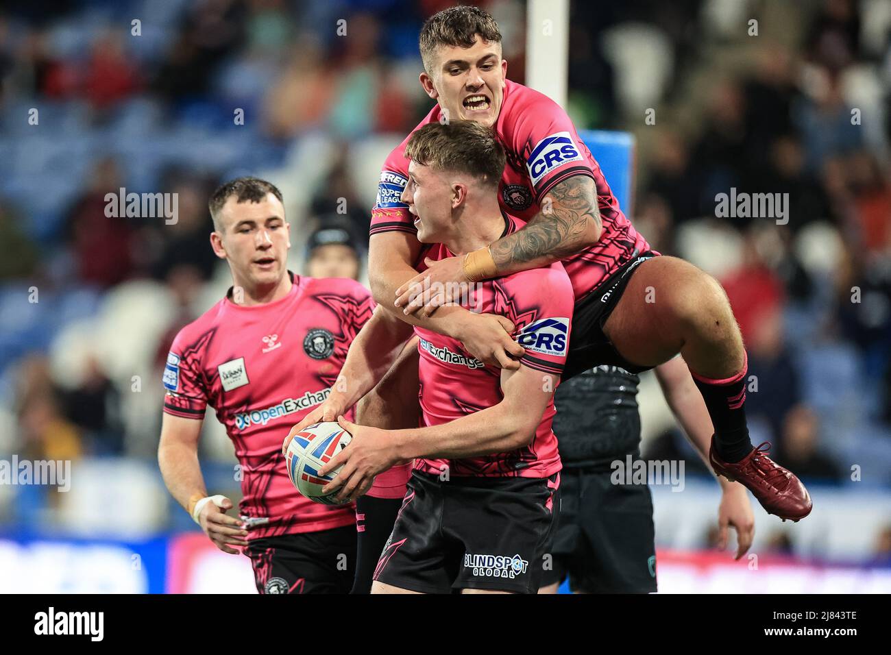 Matty Nicholson #30 of Wigan Warriors celebrates his try Stock Photo ...