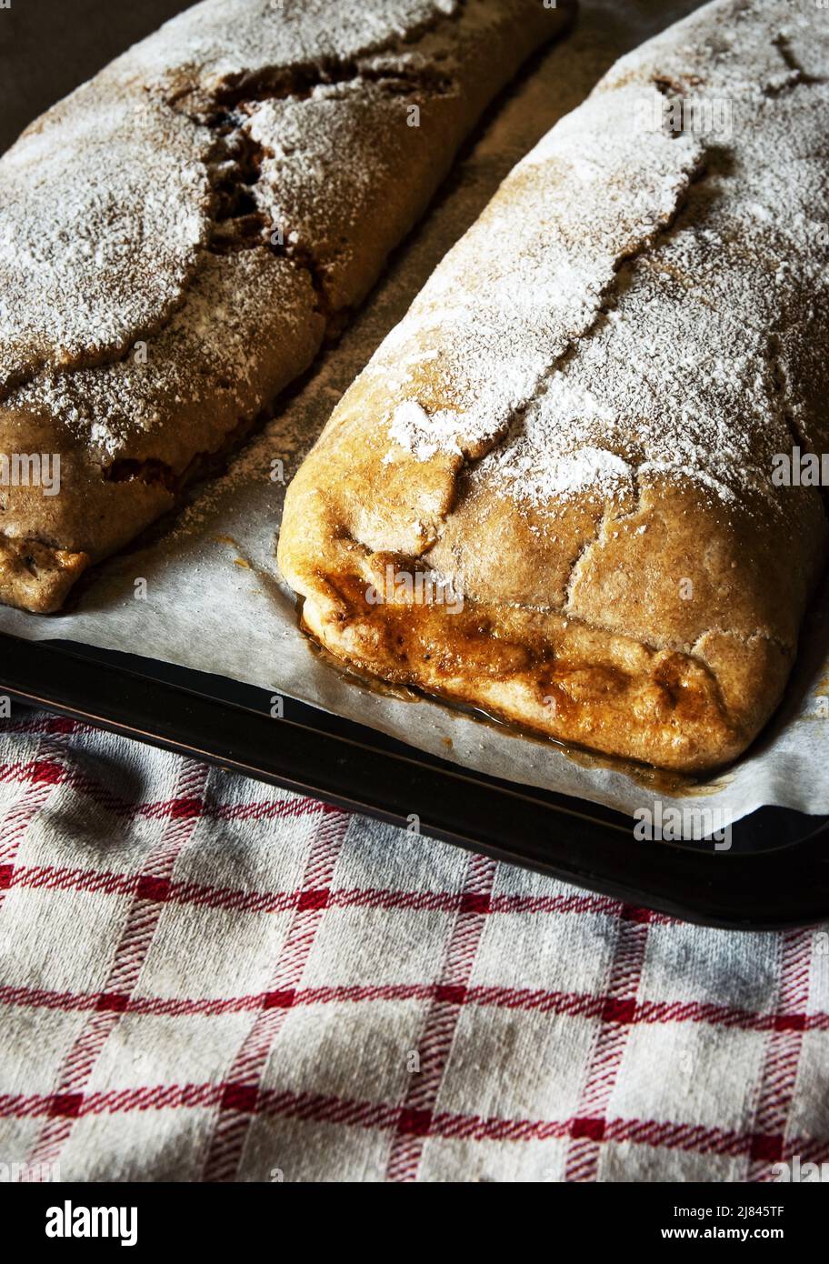 food background apple strudel on a baking sheet Stock Photo - Alamy