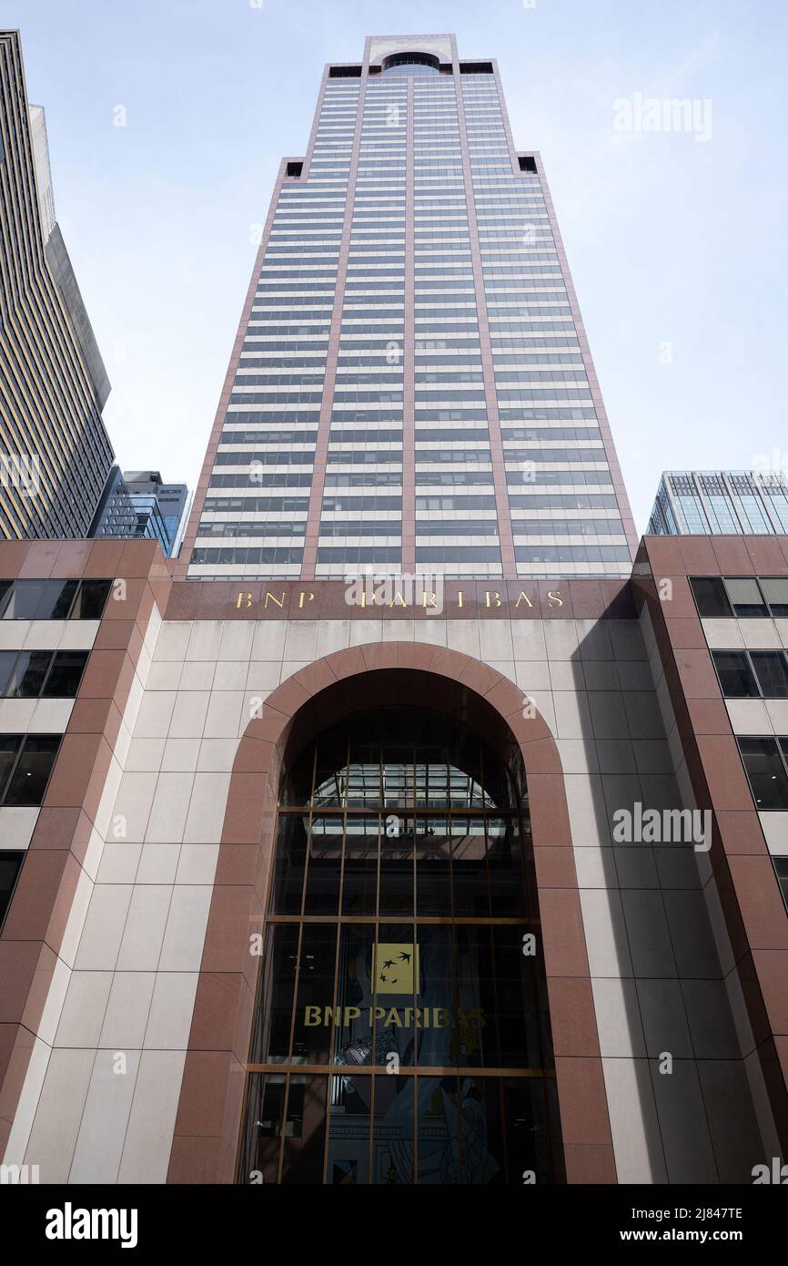 A shop sign of BNP PARISBAS Bank, on May 07, 2022 in New-York City, USA ...