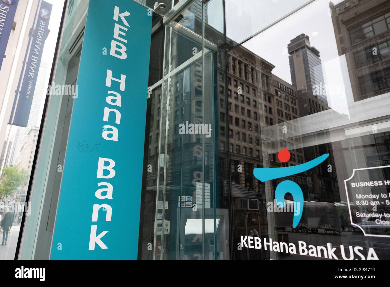 A shop sign of KEB Hana Bank USA, on May 07, 2022 in New-York City, USA ...