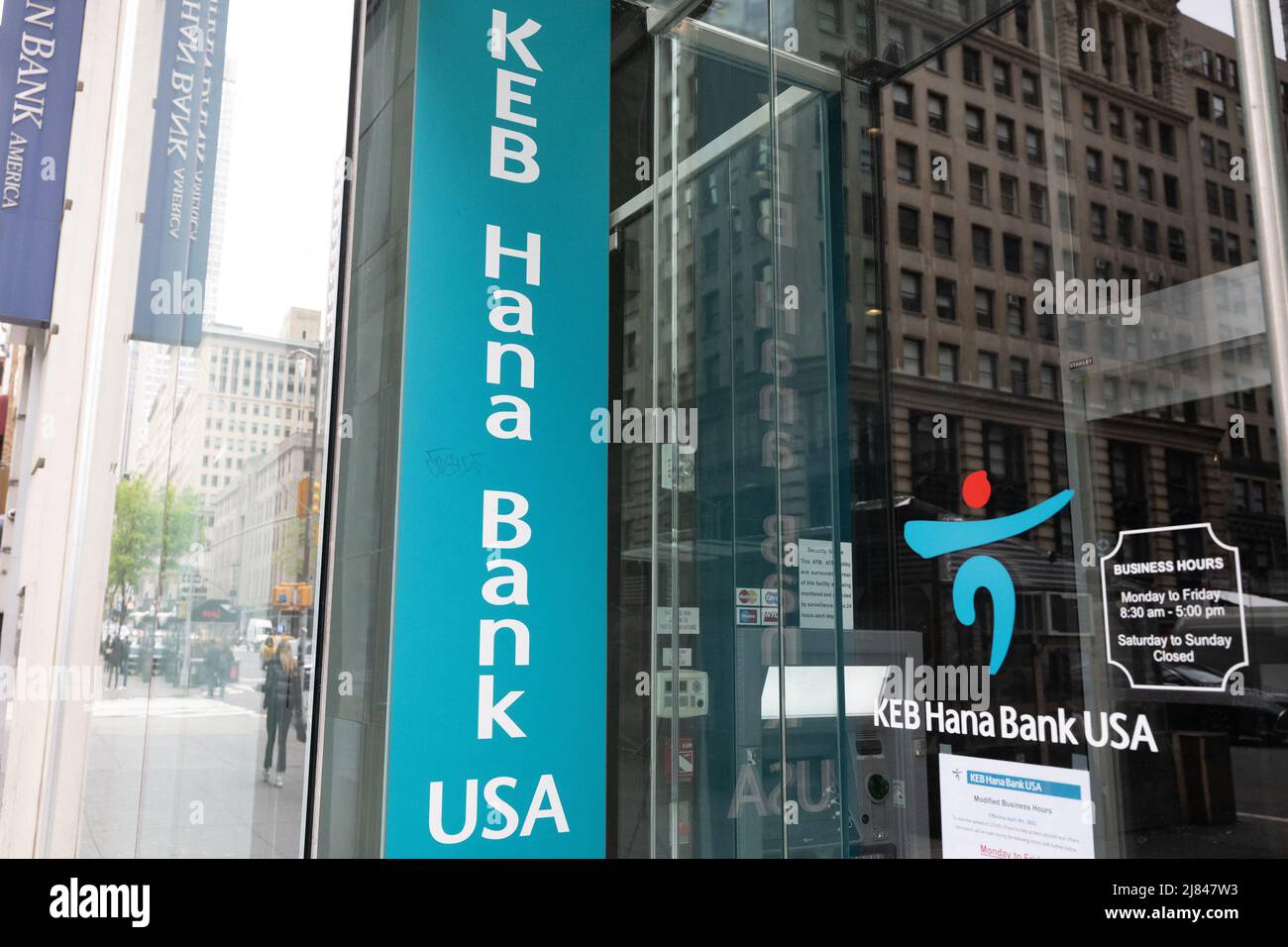 A shop sign of KEB Hana Bank USA, on May 07, 2022 in New-York City, USA ...