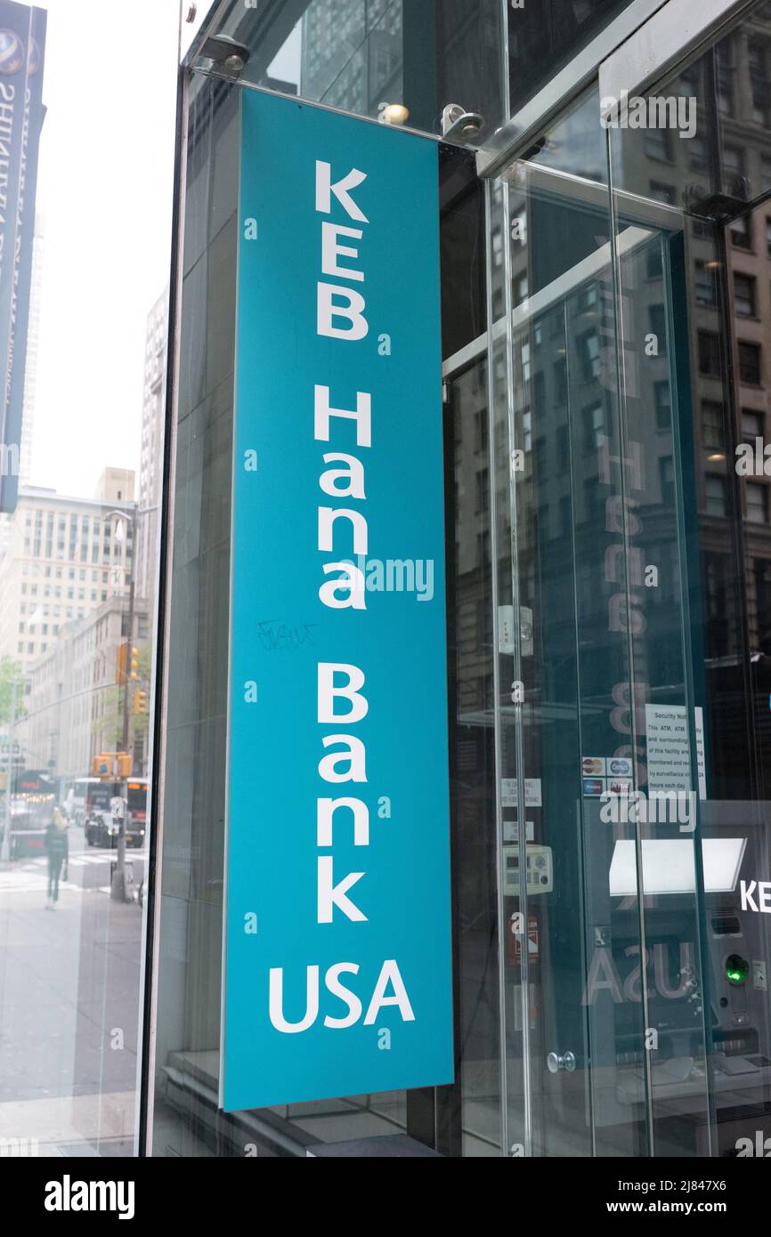 A shop sign of KEB Hana Bank USA, on May 07, 2022 in New-York City, USA. Photo by David Niviere ...