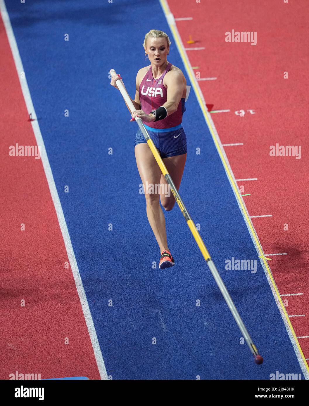 Katie Nageotte jumping at the 2022 Belgrade Indoor World Championships ...
