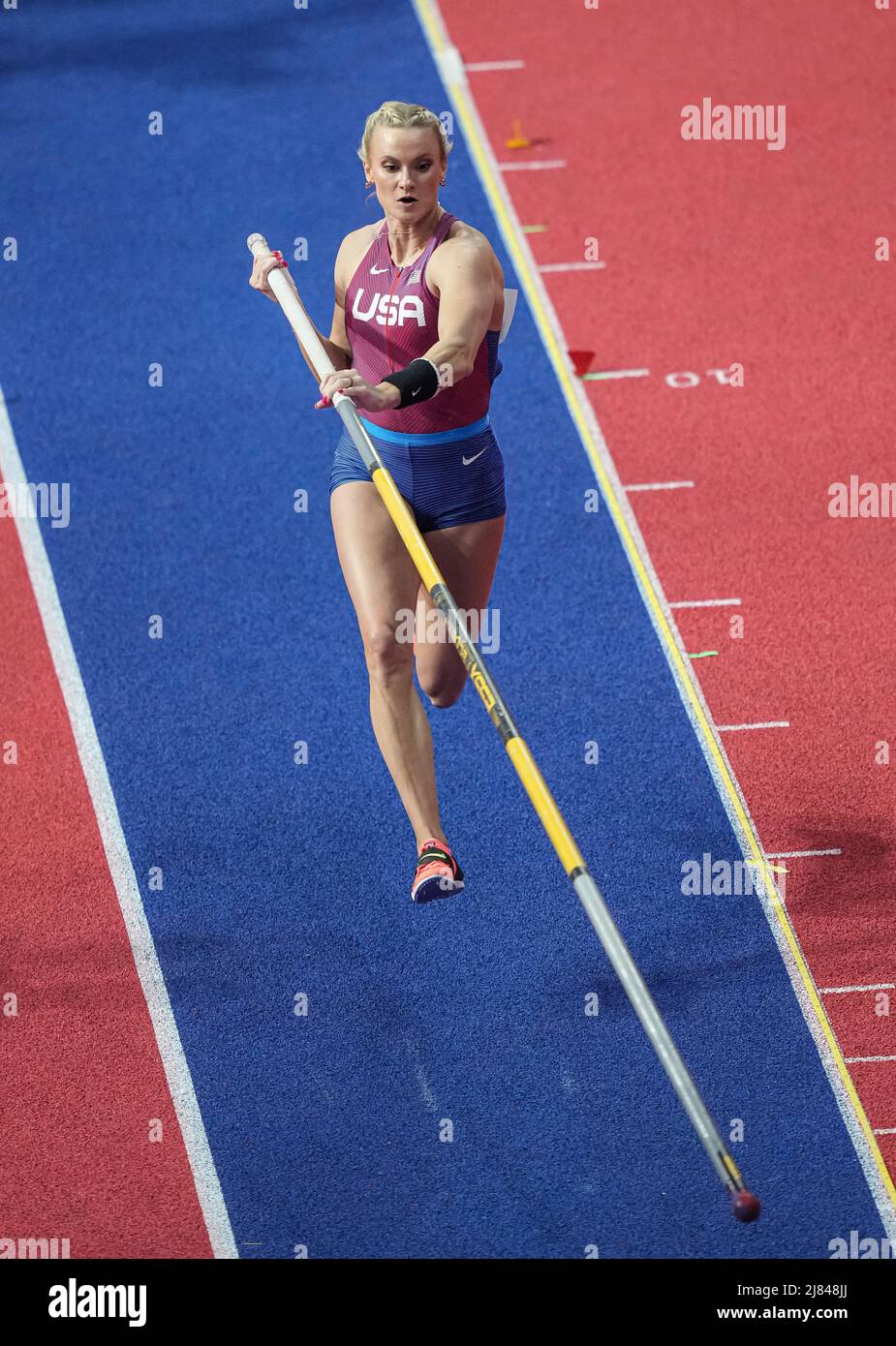 Katie Nageotte jumping at the 2022 Belgrade Indoor World Championships ...