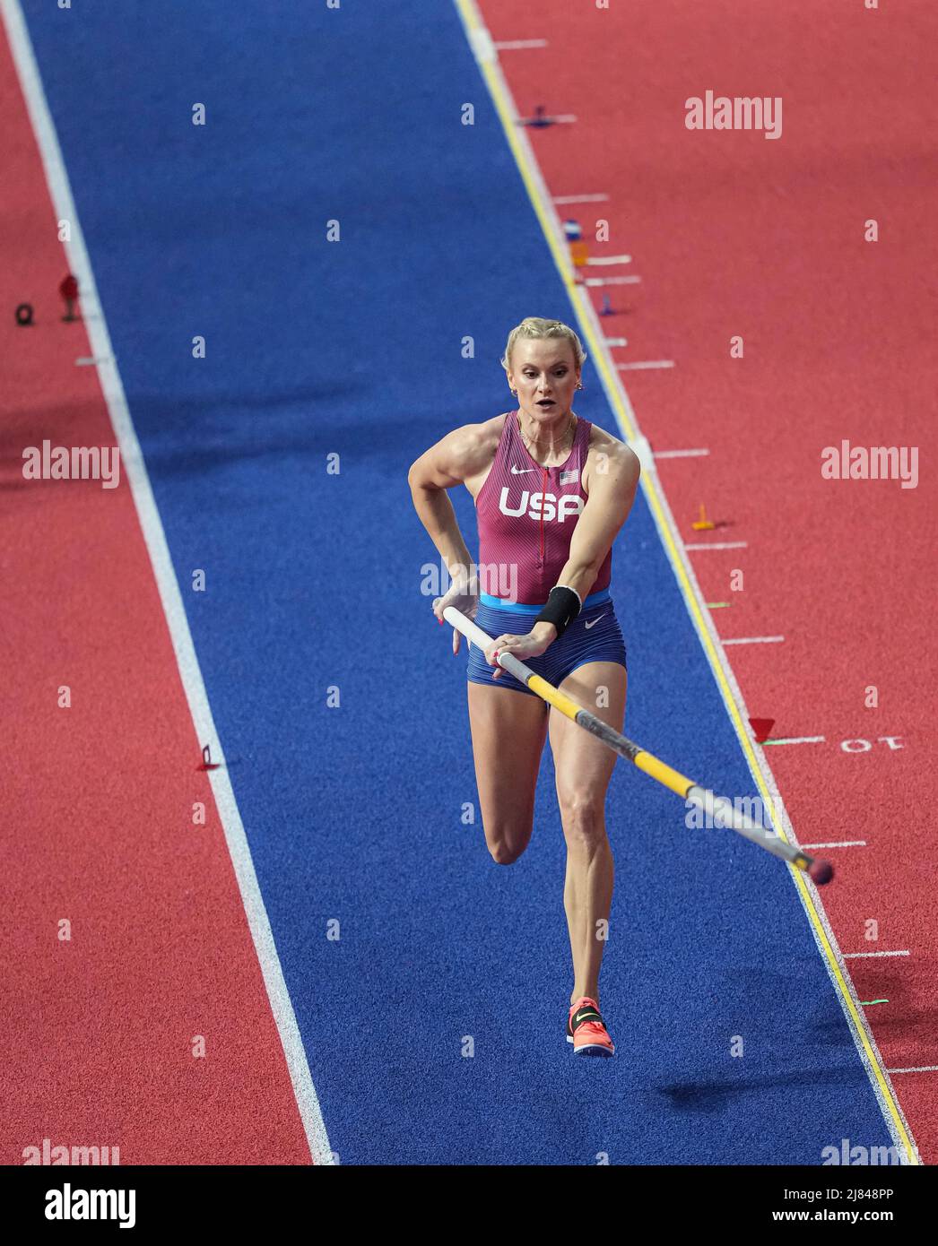 Katie Nageotte jumping at the 2022 Belgrade Indoor World Championships ...