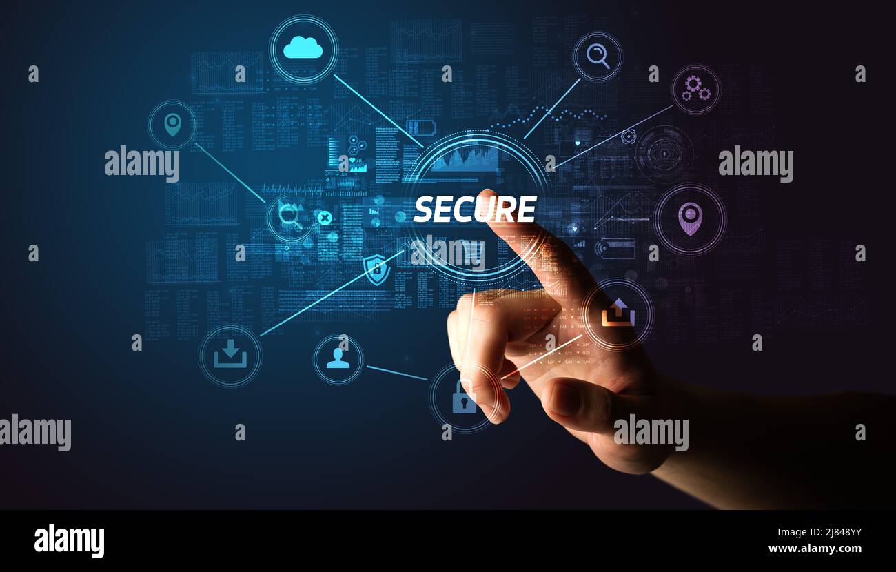 Hand touching cybersecurity button concept Stock Photo - Alamy