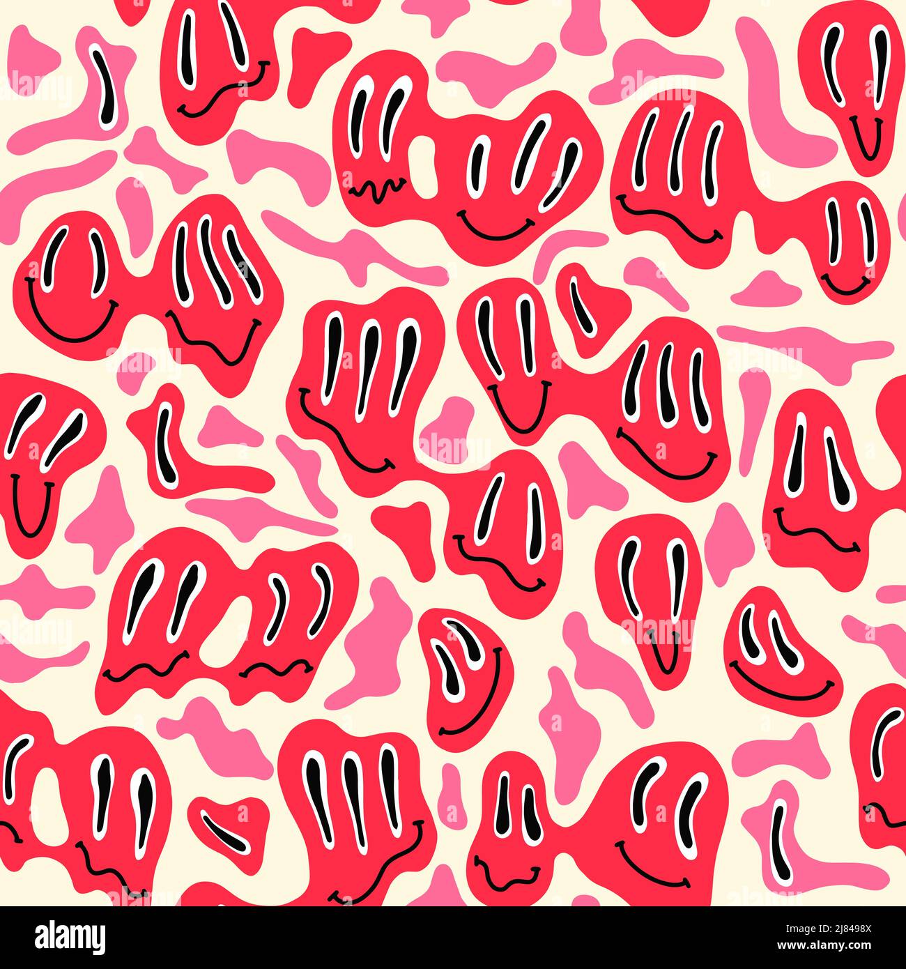 Funny 70s Melted trippy smileys seamless pattern. Retro groovy hippie ...