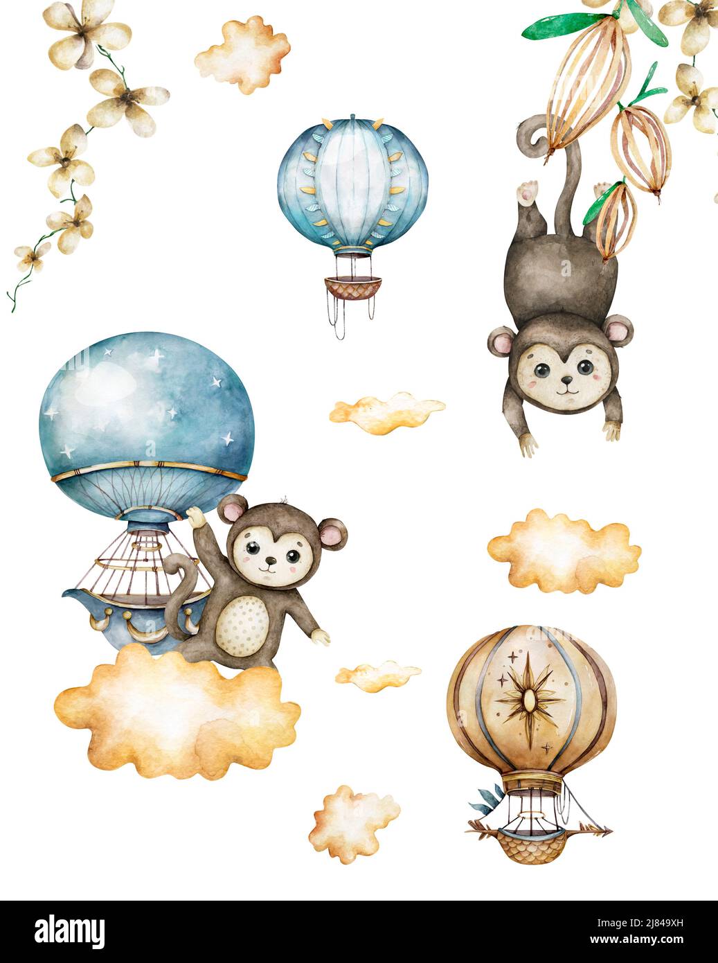 Little monkeys fly in hot air balloons, birthday, fun holiday clipart ...
