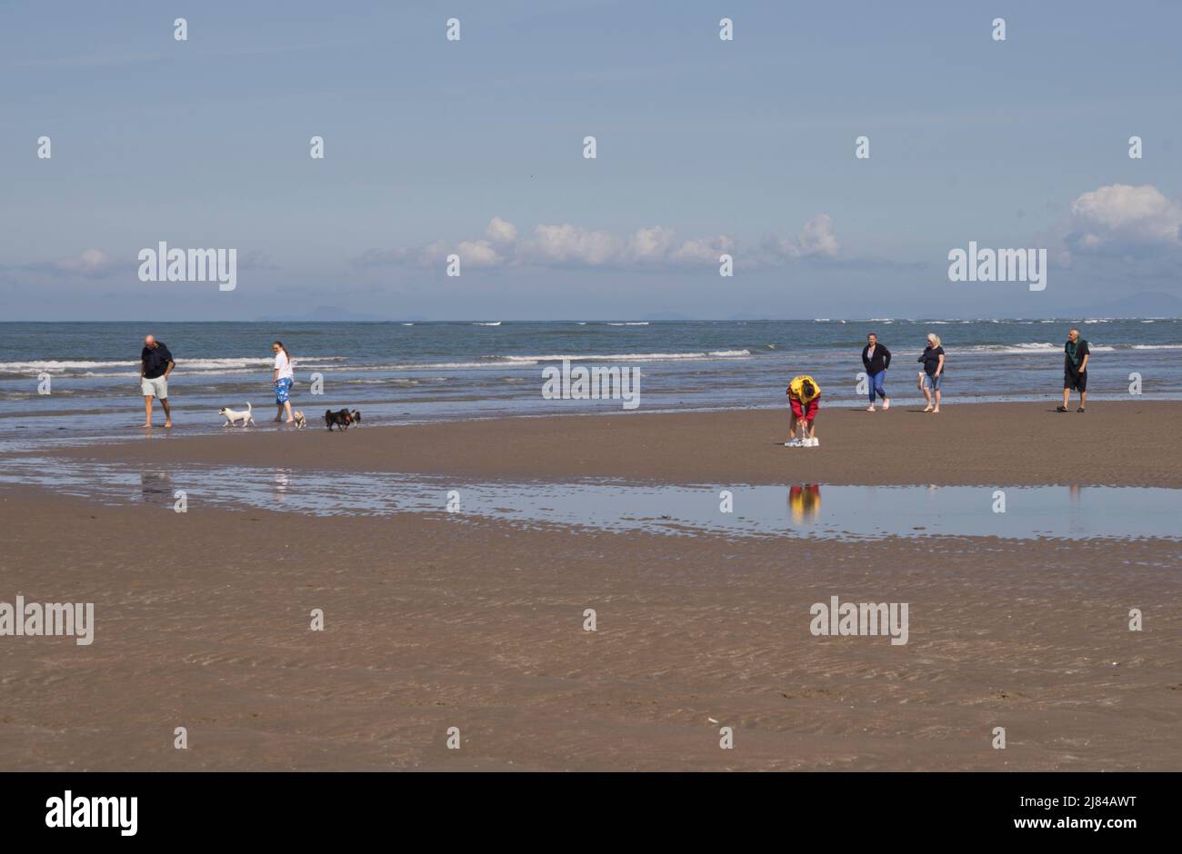 Families enjoying the spring sun on a beach at Ynyslas, Dyfi estuary ...