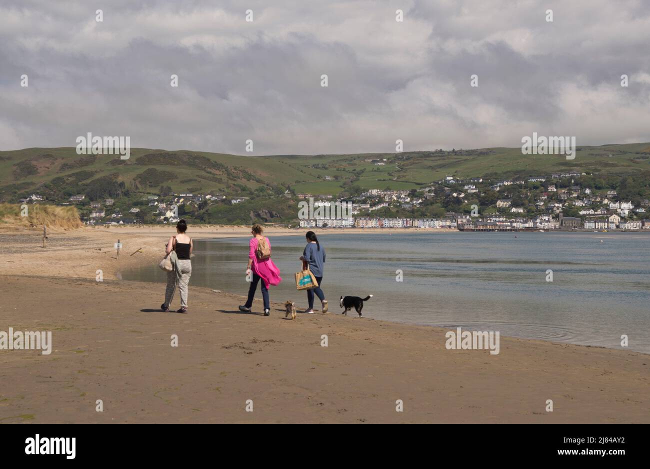 Families enjoying the spring sun on a beach at Ynyslas, Dyfi estuary ...