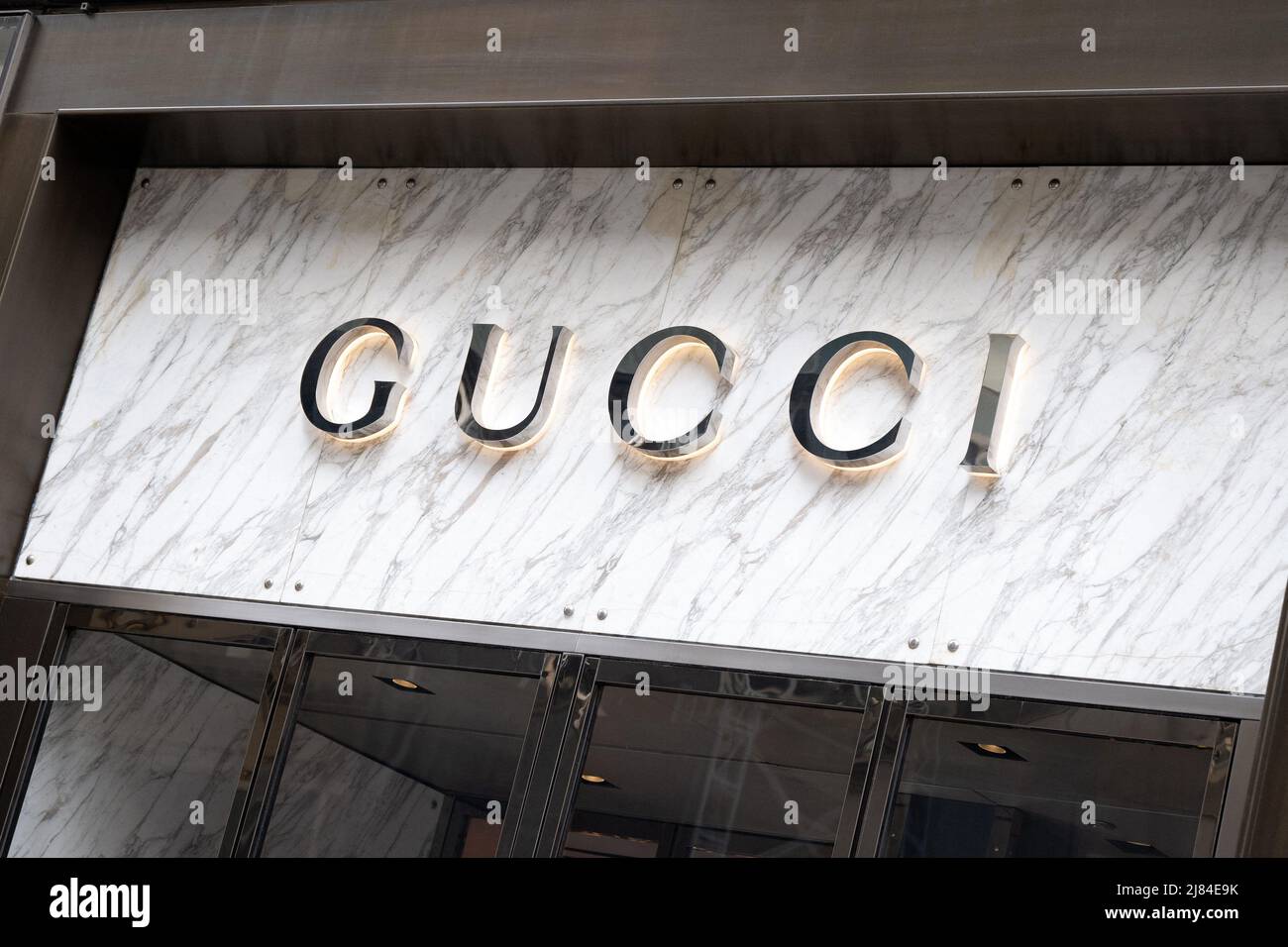 A shop sign of GUCCI, on May 07, 2022 in New-York City, USA. Photo by ...