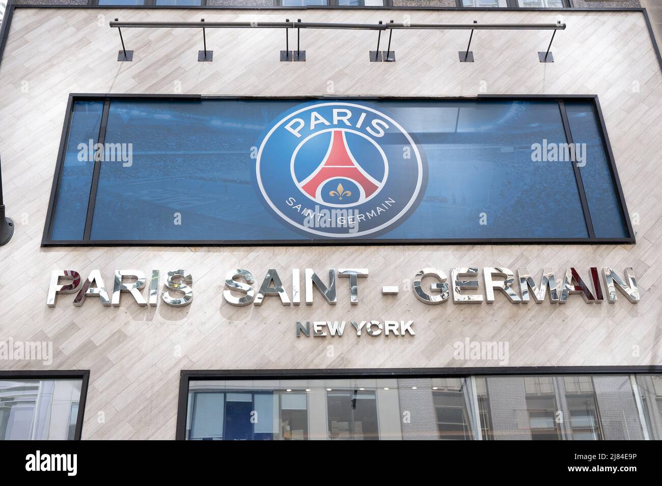 A shop sign of PARIS SAINT GERMAIN Store, on May 07, 2022 in New-York ...