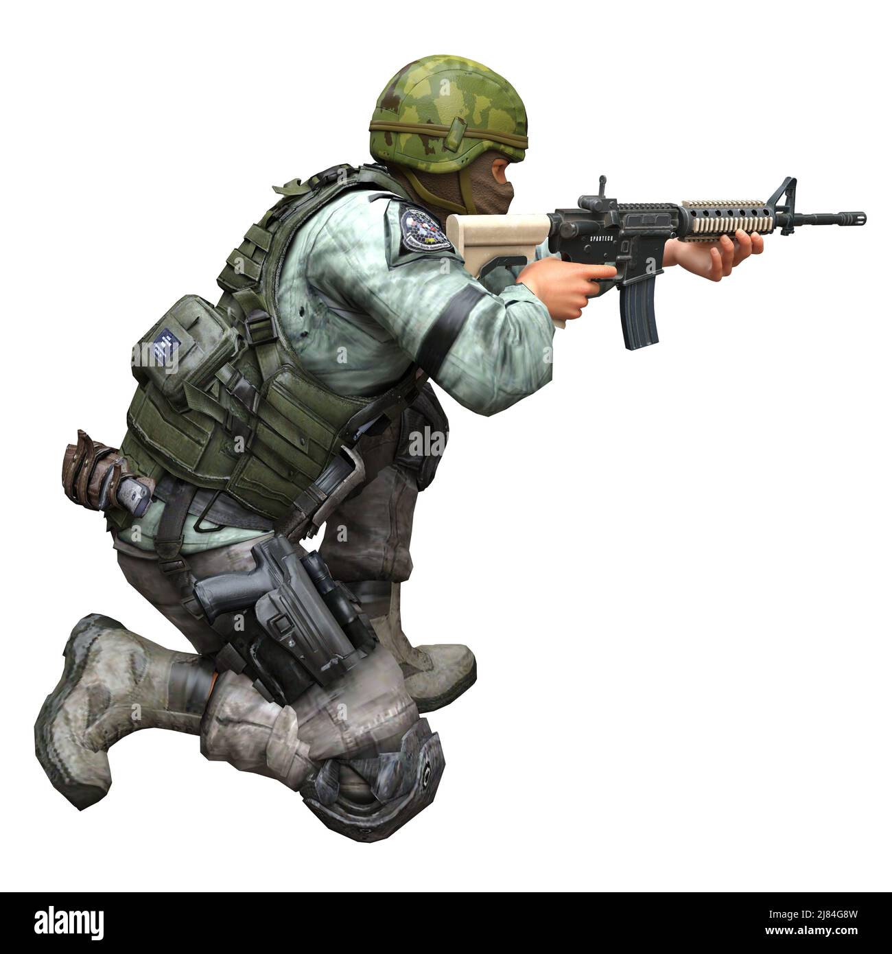 3D illustration soldier with a machine gun isolated white background ...