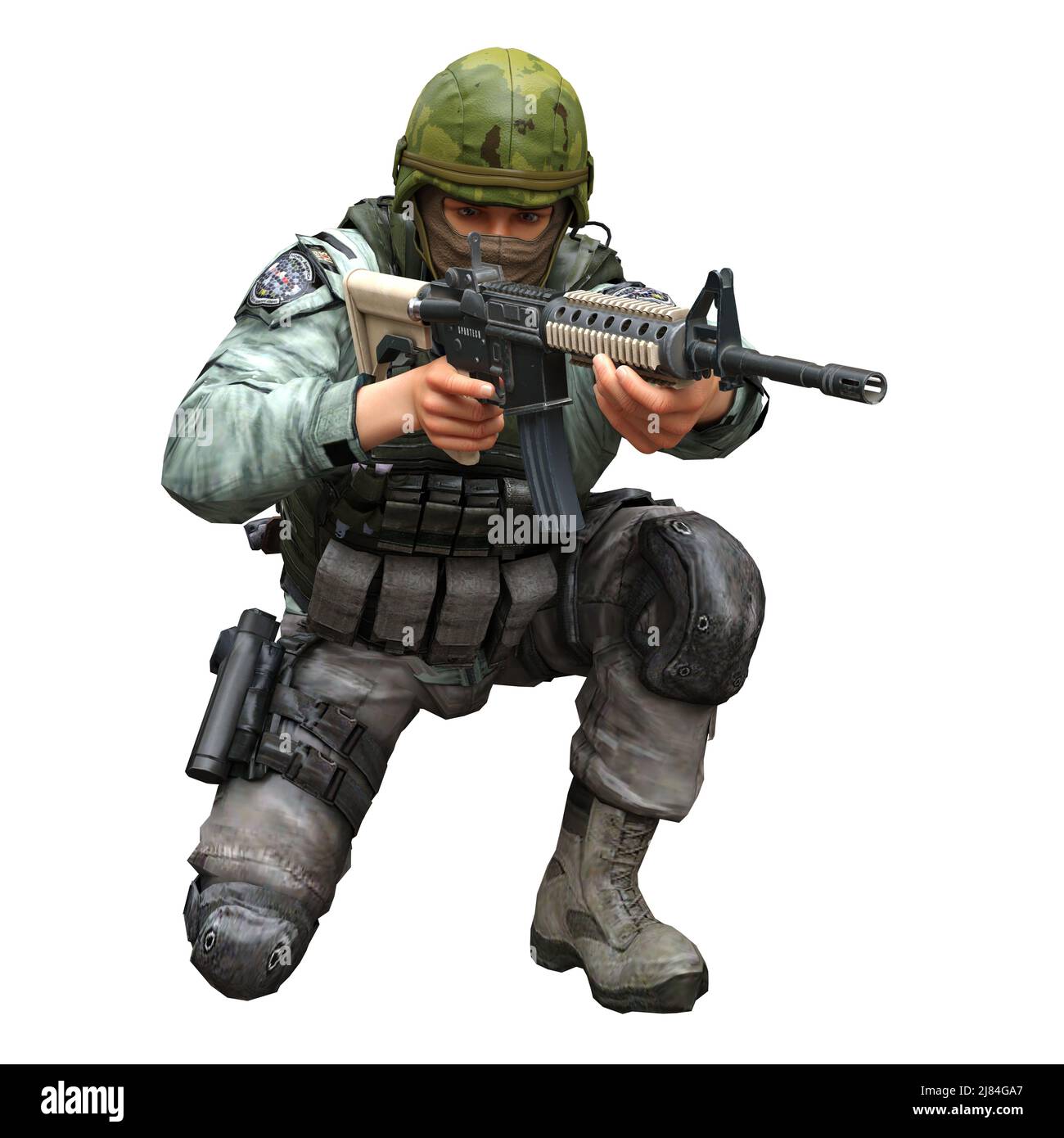 3D illustration soldier with a machine gun isolated white background ...