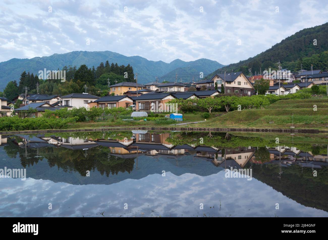 iida, nagano, japan, 2022/12/05 , Rice fields in iida Nagano, in spring ...
