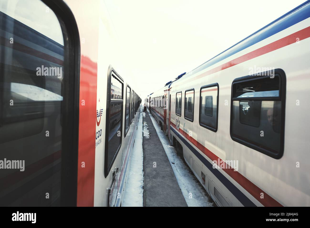Erzincan, Turkey - February 22, 2022: Eastern express trains side by ...