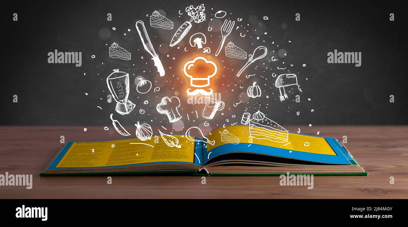 Open recipe book with food related icons above Stock Photo - Alamy