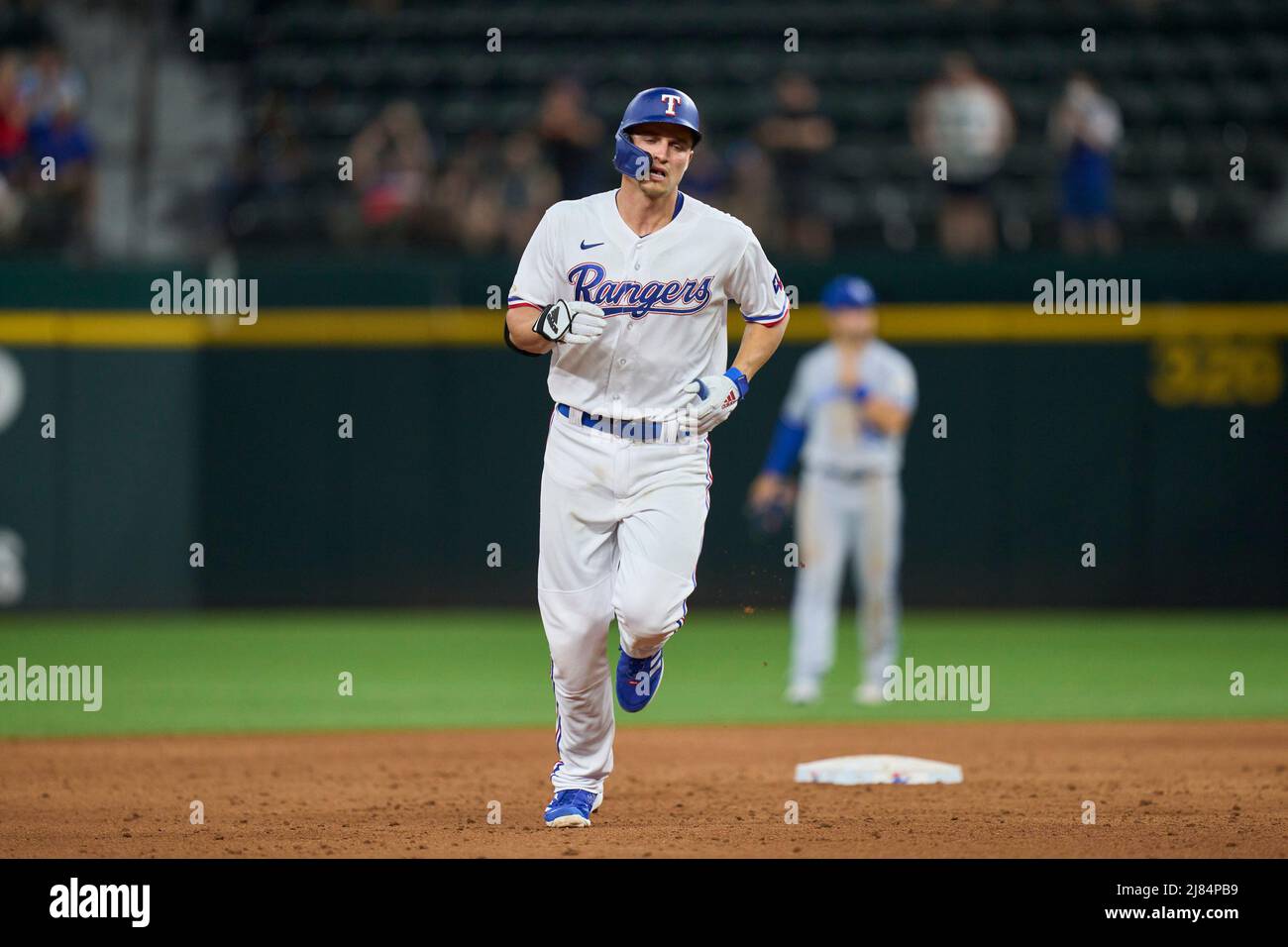 Dallas TX, USA. 11th May, 2022. Texas shortstop Corey Seager (5 )hits a homer during the game ...