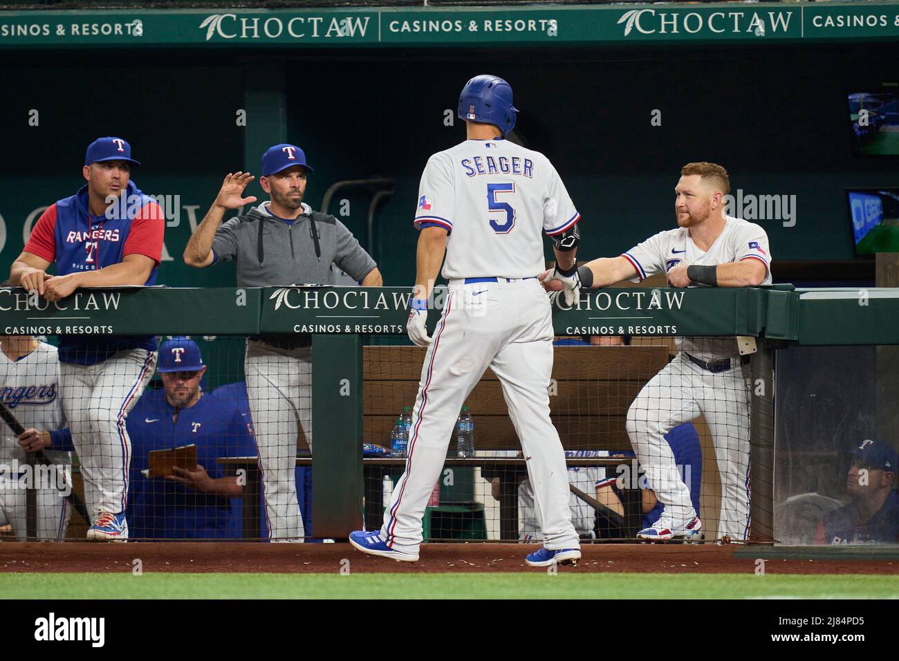 Dallas TX, USA. 11th May, 2022. Texas shortstop Corey Seager (5 )hits a homer during the game ...