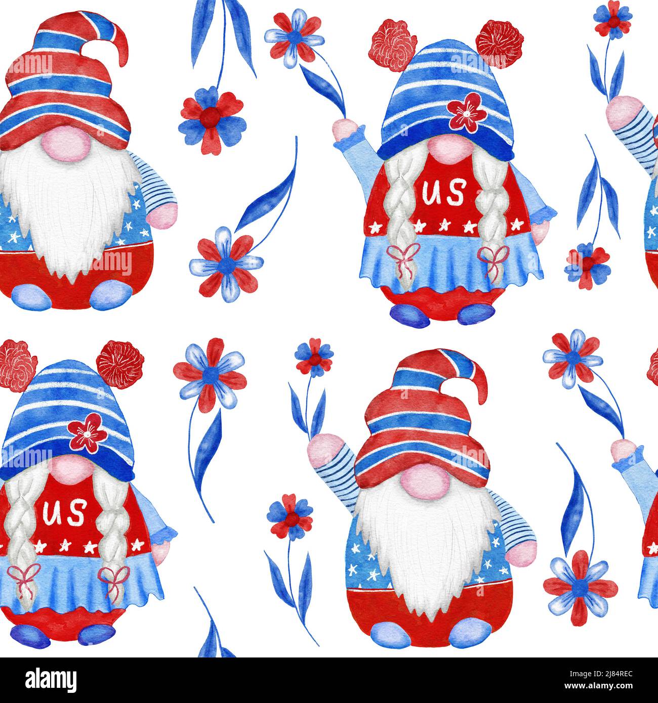 Watercolor hand drawn seamless border with 4th of july gnomes ...