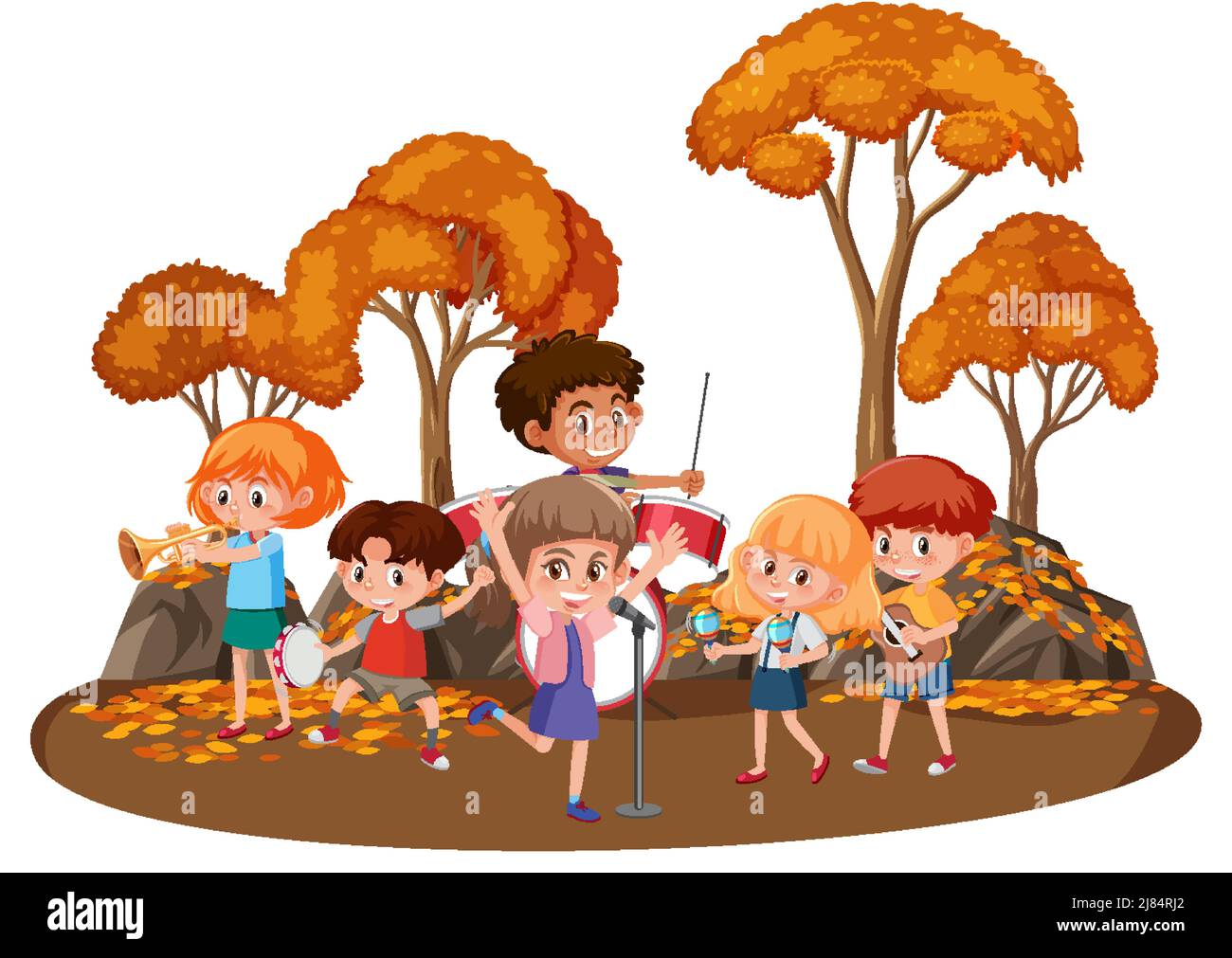 Isolated outdoor park with children music band illustration Stock ...
